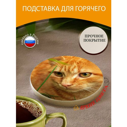 Подставка под горячее "Кот, кошка, кошки" 10 см. из блого мрамора