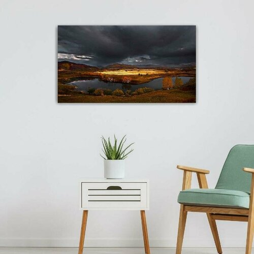 Картина на холсте 60x110 LinxOne "Осень Китай горы тучи река" интерьерная для дома / на стену / на кухню / с подрамником