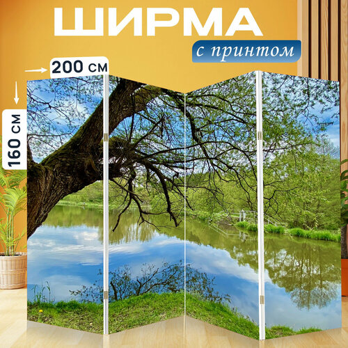 Ширма перегородка с принтом "Озеро, зеркала, дерево" на холсте - 200x160 см. для зонирования, раскладная