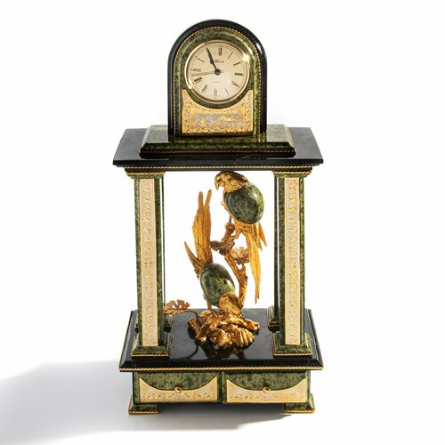 Часы каминные "Птицы" c механизмом "Hermle", латунь, никель, змеевик, золочение