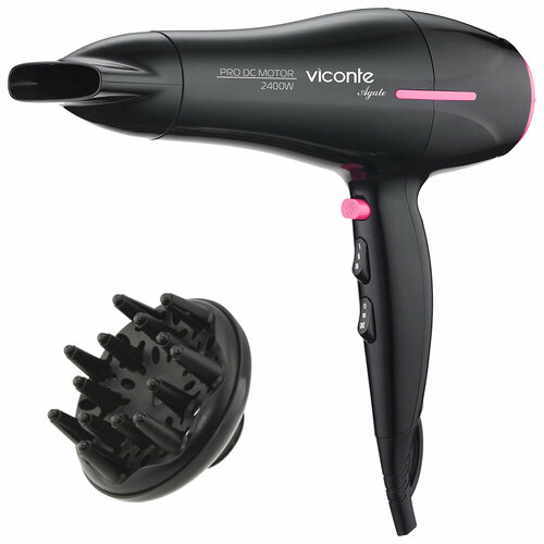 Фен для волос Viconte 2400 Вт для сушки и укладки с насадками (диффузор и концентратор) Черный с розовыми вставками