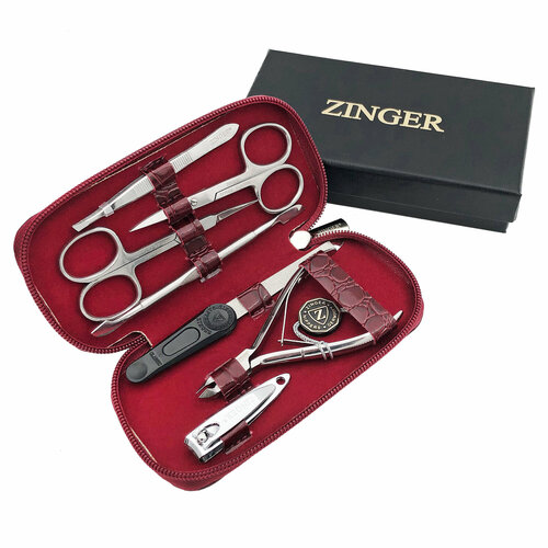 Маникюрный набор Zinger 7105, 7 предметов, серебристый/бордовый крокодил