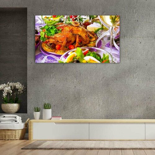 Картина на холсте 60x110 LinxOne "Жареная курица бокал" интерьерная для дома / на стену / на кухню / с подрамником