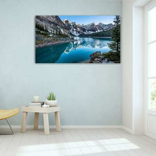 Картина на холсте 60x110 LinxOne "Горы снег природа река лес" интерьерная для дома / на стену / на кухню / с подрамником