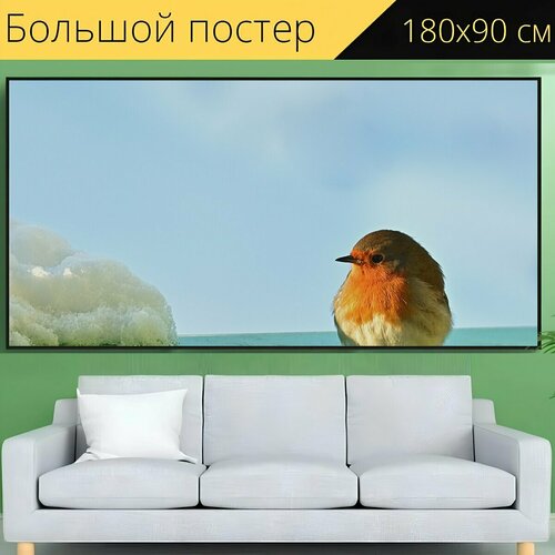 Большой постер "Робин, птица, снег" 180 x 90 см. для интерьера