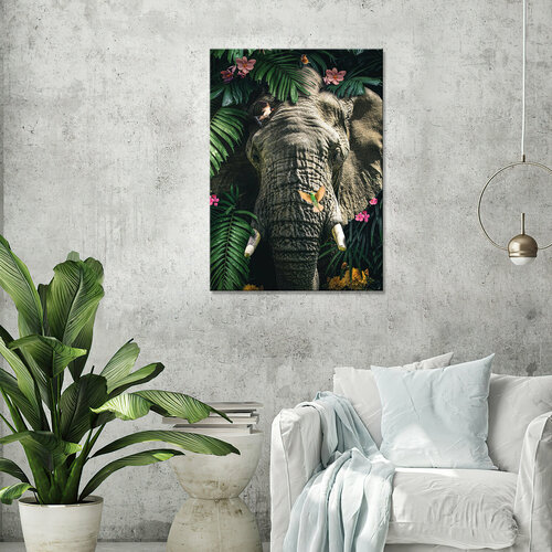 Интерьерная картина на холсте - Слон листья пальмы цветочки 50х70