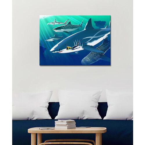 Картина -Акула, акула арт, акула рисунок, акула и человек (5) 30х40