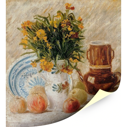 Картина для интерьера "Ваза с цветами, кофейник и фрукты", Ван Гог, печать на холсте (30х33 см / без подрамника)