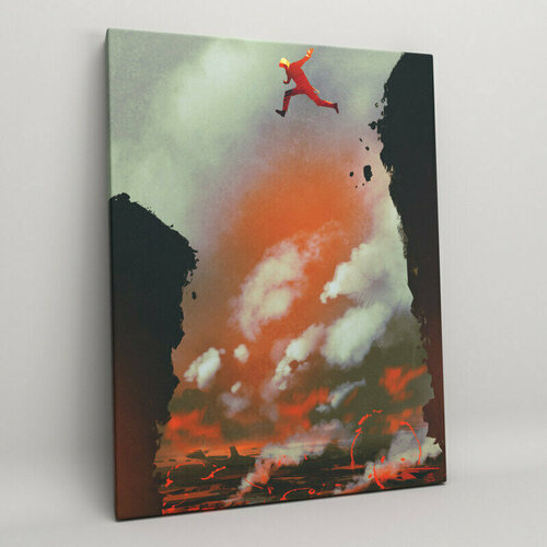 Картина на холсте (интерьерный постер) "Прыжок над лавой", с деревянным подрамником, размер 22x30 см