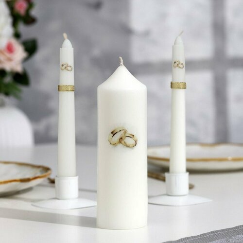 Свеча-цилиндр свадебная "Обручальные кольца", 5х15,5 см, белая, домашний очаг, ручная работа (комплект из 4 шт)