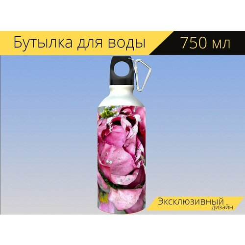 Бутылка фляга для воды "Цветок, роза, текстильный цветок" 750 мл. с карабином и принтом