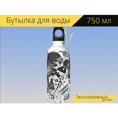 Бутылка фляга для воды "Луна, лунный, штриховая графика" 750 мл. с карабином и принтом