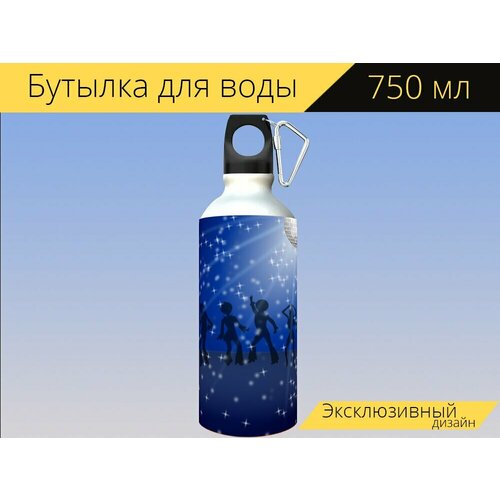 Бутылка фляга для воды "Диско шар, зеркальный шар, мерцающий мяч" 750 мл. с карабином и принтом