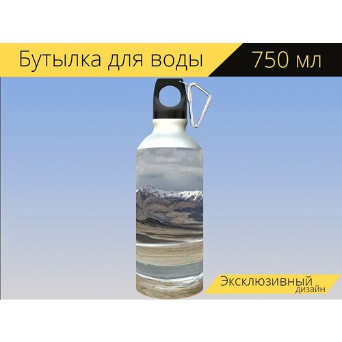 Бутылка фляга для воды "Таджикистан, соленое озеро, воды озера" 750 мл. с карабином и принтом
