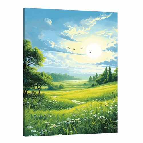 Интерьерная картина 50х70 "Пейзаж с полем и солнцем"