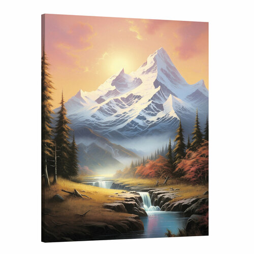 Интерьерная картина 50х70 "Пейзаж с горами и солнечным закатом"