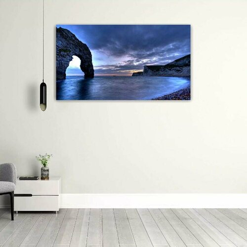 Картина на холсте 60x110 LinxOne "Море бухта англия скалы тучи" интерьерная для дома / на стену / на кухню / с подрамником