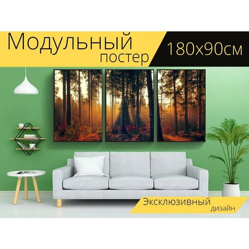 Модульный постер "Лес, туман, солнечный свет" 180 x 90 см. для интерьера