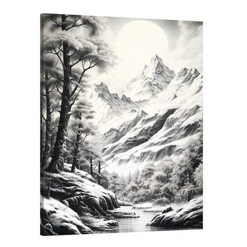 Интерьерная картина 50х70 "Горы в заснеженных вершинах: зимняя идиллия"