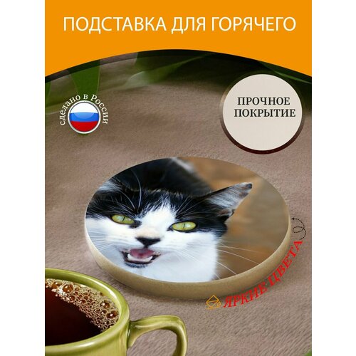 Подставка под горячее "Кот, кошачьи глаза, морда кошки" 10 см. из блого мрамора