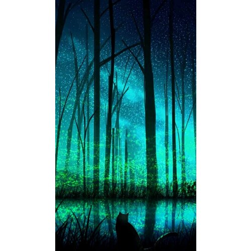 Картина на холсте 60x110 LinxOne "Кот, лес, озеро, ночь, вертикальный" интерьерная для дома / на стену / на кухню / с подрамником