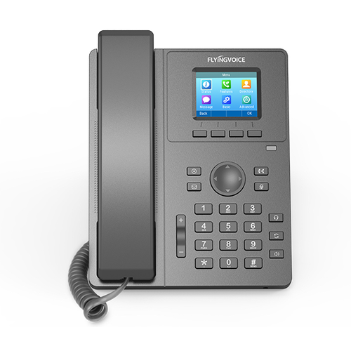 IP-телефон FLYINGVOICE P11, 2 SIP аккаунта, цветной дисплей 2,4 дюйма, 320x240, конференция на 6 абонентов, поддержка гарнитуры (RJ9).