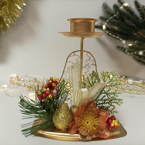 Подсвечник новогодний 13 см на одну свечу металлический с веткой