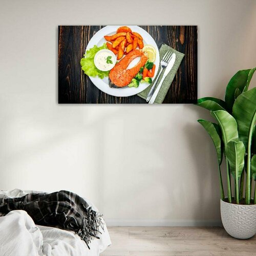 Картина на холсте 60x110 LinxOne "Кусок красной рыбы на тарелке" интерьерная для дома / на стену / на кухню / с подрамником