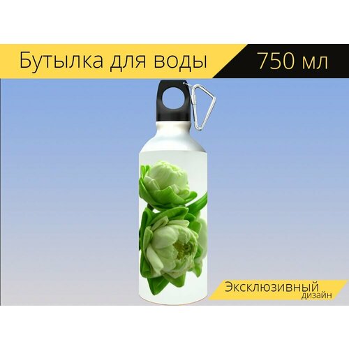 Бутылка фляга для воды "Белый, цветок, лотос" 750 мл. с карабином и принтом