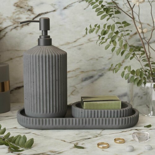 Набор для ванной Chloe 04 (дозатор для ванной с черным диспенсером 0,4 л, поднос 26x11 см, мыльница), бетон, графит матовый