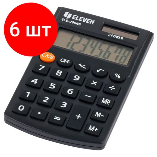 Комплект 6 шт, Калькулятор карманный Eleven SLD-200NR, 8 разрядов, двойное питание, 62*98*10мм, черный