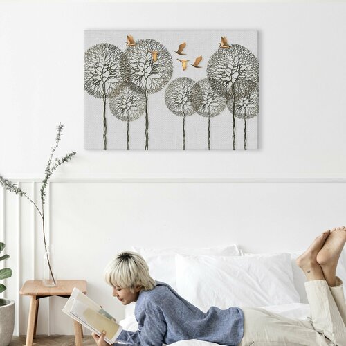 Картина на холсте для интерьера - Одуванчики, золотые птицы, минимализм 50х70 см