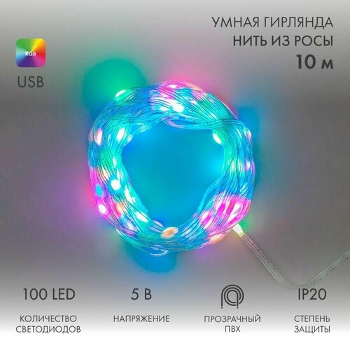 Гирлянда светодиодная смарт «Роса» «Нить» с крупными светодиодами 10м 100LED RGB IP20 USB провод прозр. Neon-Night 245-019