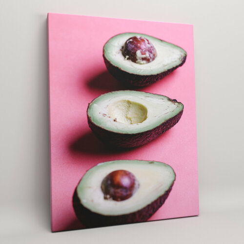 Картина на холсте (интерьерный постер) "Авокадо на розовом фоне" для кухни, кафе и ресторанов, с деревянным подрамником, размер 30x40 см