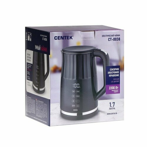 Чайник электрический Centek CT-0038, металл, 1.7 л, 1800 Вт, LED, регулировка t°, чёрный