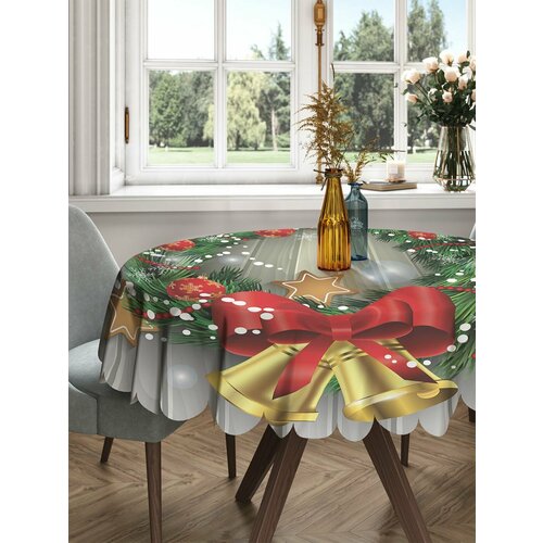 Скатерть круглая тканевая на стол JoyArty с рисунком "Новогодние колокольчики" 150 на 150 см