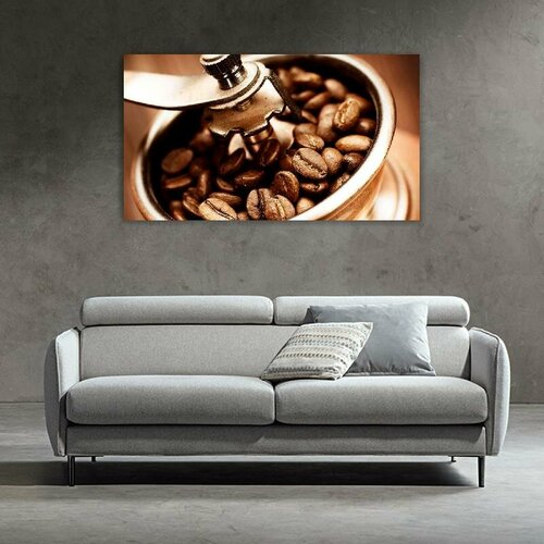 Картина на холсте 60x110 LinxOne "Кофе кофемолка зерна макро" интерьерная для дома / на стену / на кухню / с подрамником