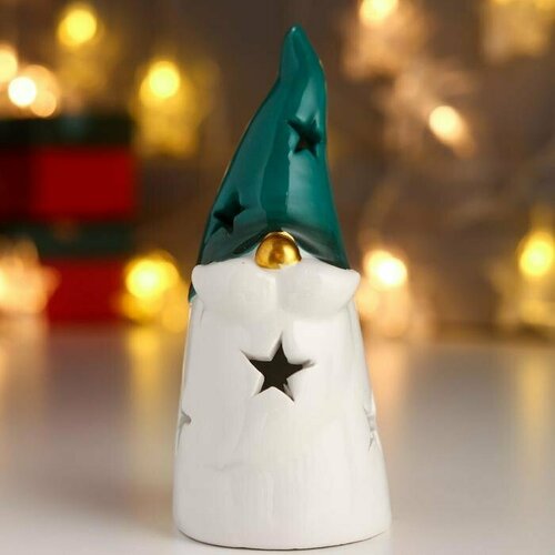Сувенир керамика свет "Дедушка Мороз, зелёный колпак, золотой нос, звёзды" 12,5х5,5х5,5 см (комплект из 6 шт)