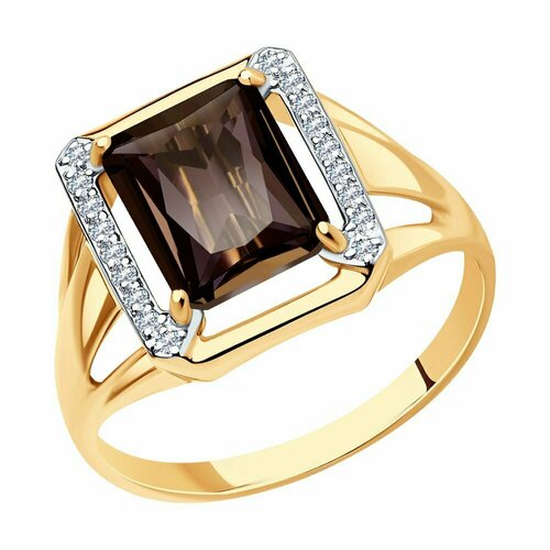 Кольцо Diamant online, золото, 585 проба, раухтопаз, фианит, размер 20, коричневый