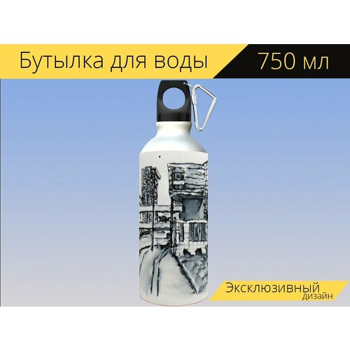 Бутылка фляга для воды "Городской пейзаж, акварель, картина" 750 мл. с карабином и принтом