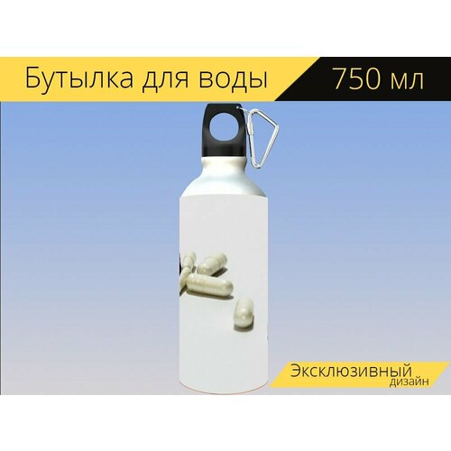 Бутылка фляга для воды "Беспокойства, лекарства, таблетки" 750 мл. с карабином и принтом