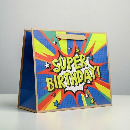 Пакет крафт подарочный "Super birthday" (ML / 27x23x11.5 см)