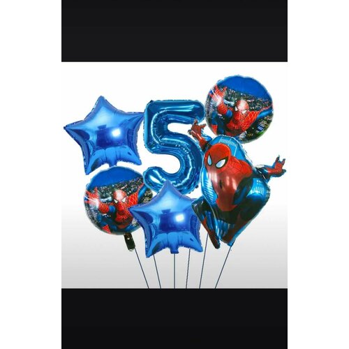 Набор фольгированных воздушных шаров "Человек Паук" с цифрой 5 на день рождение, 6 шт