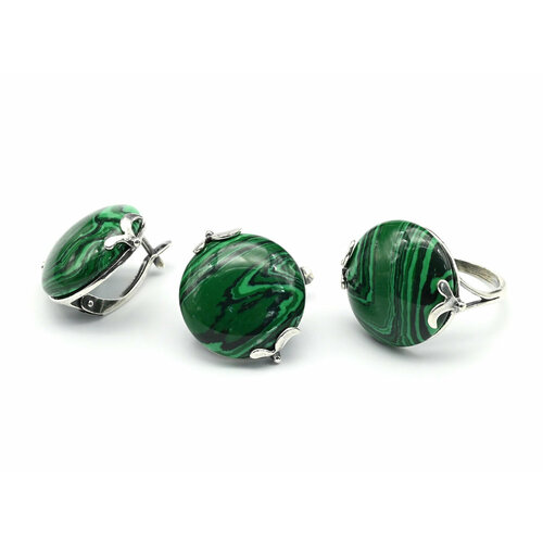 Комплект бижутерии: серьги, колье, малахит синтетический, размер кольца 19, зеленый