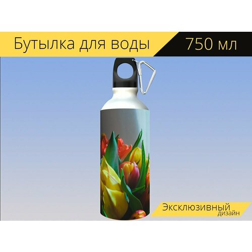 Бутылка фляга для воды "Тюльпаны, цветы, яркие" 750 мл. с карабином и принтом