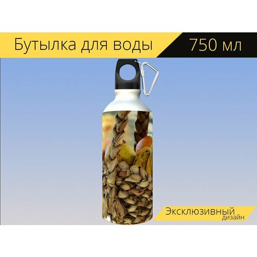 Бутылка фляга для воды "Фрукты, корзина фруктов, плетеные" 750 мл. с карабином и принтом
