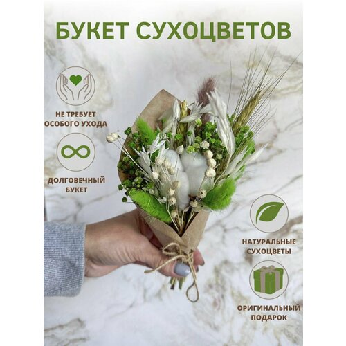 Букет сухоцветов мини Trava Decor комплимент лагурус, гипсофила, хлопок