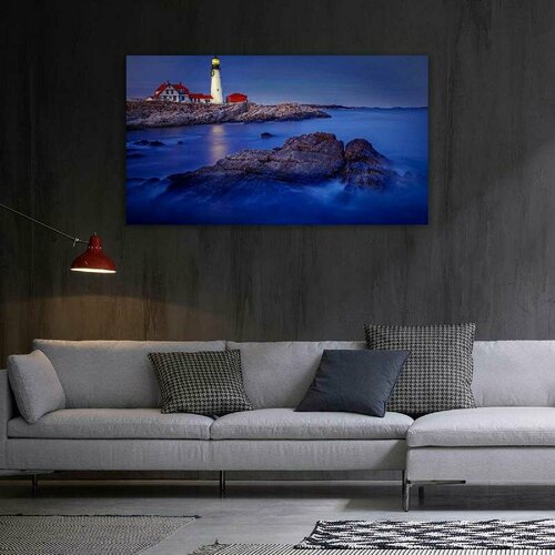 Картина на холсте 60x110 LinxOne "Море камни скалы вечер маяк" интерьерная для дома / на стену / на кухню / с подрамником
