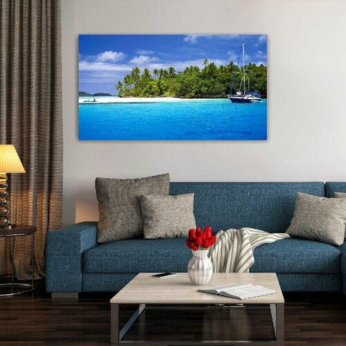 Картина на холсте 60x110 LinxOne "Яхта небо лодка пальмы" интерьерная для дома / на стену / на кухню / с подрамником