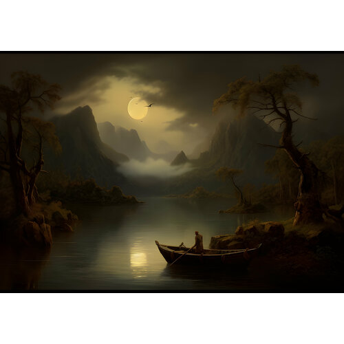 Постер - "Пейзаж с озером в стиле романтизма"на самоклеющейся / А2 / в тубусе без рамы